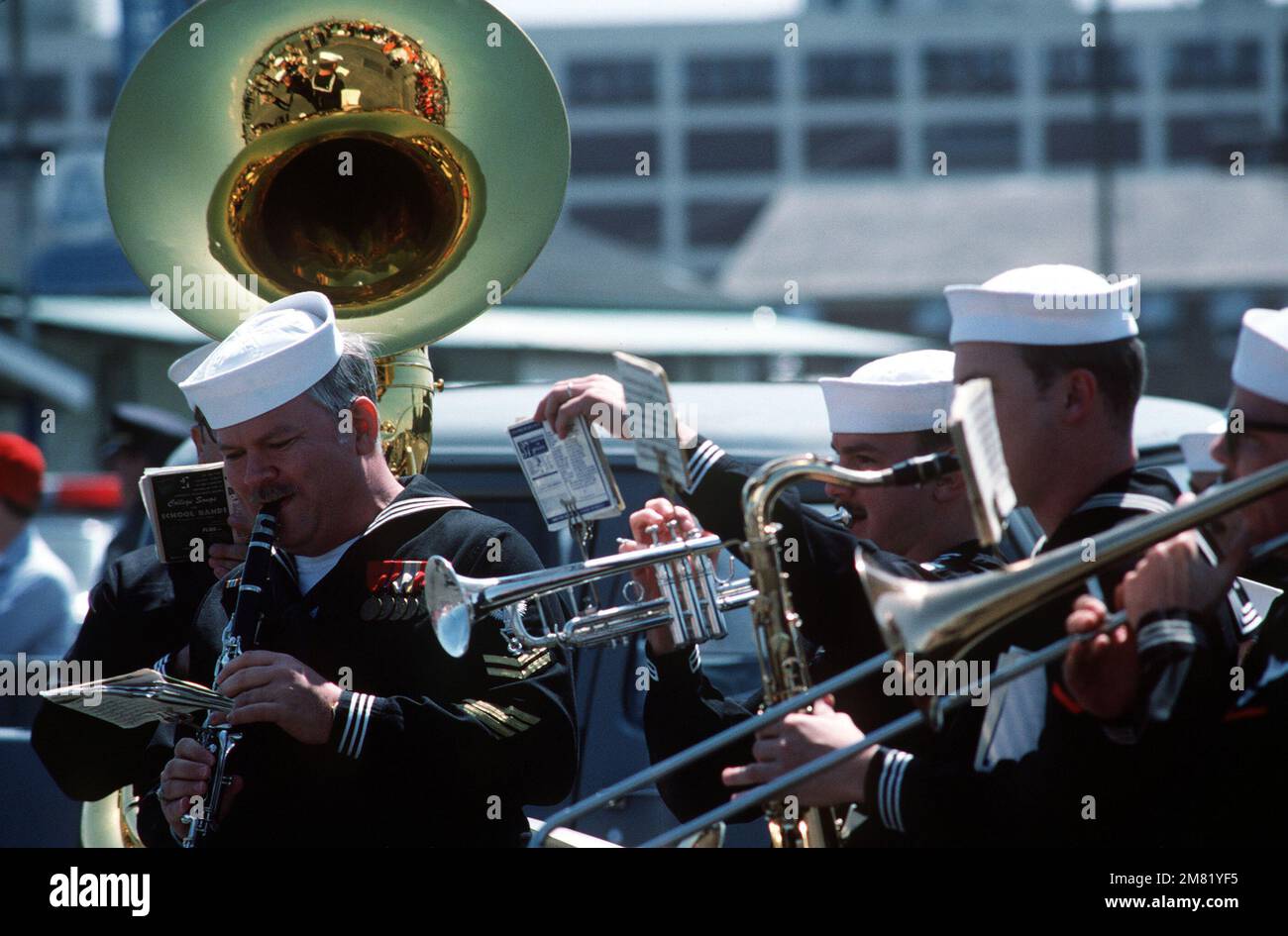 Members of a US Navy band play during the return of the aircraft ...
