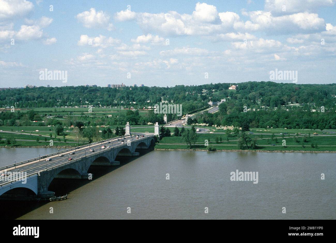 An aerial view of Arlington National Cemetery taken from above the ...