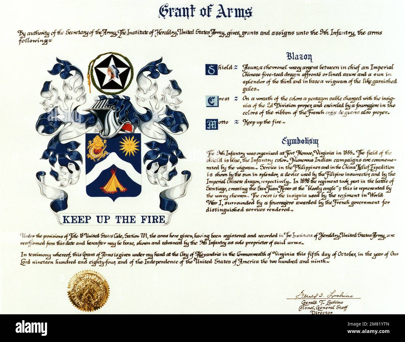 Grant of arms for the 9th Infantry Regiment. Country: Unknown Stock ...