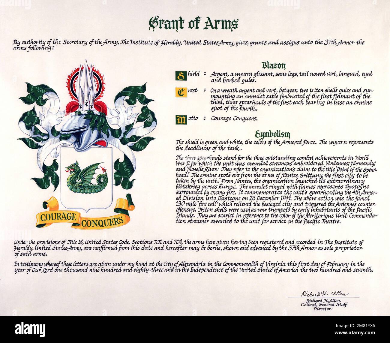 Grant of arms for the 37th Armor Regiment. Country: Unknown Stock Photo ...