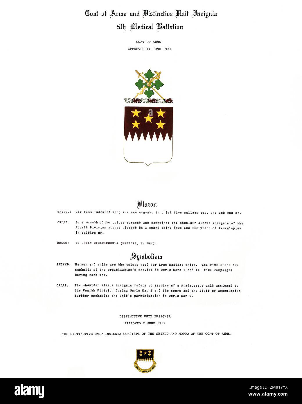 Approved insignia for: 5th Medical Battalion. Country: Unknown Stock ...