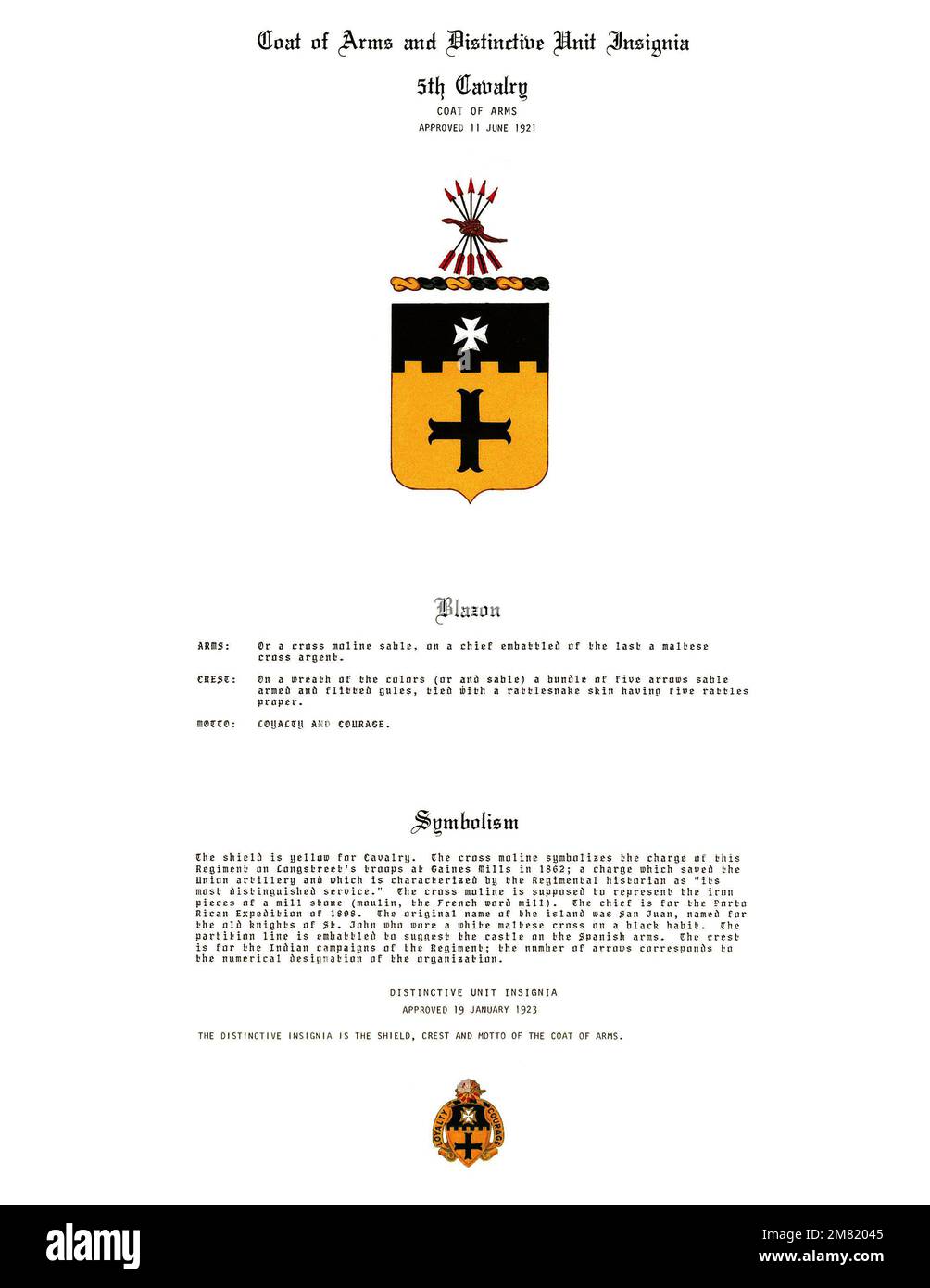 Approved insignia for: 5th Cavalry Regiment. Country: Unknown Stock ...