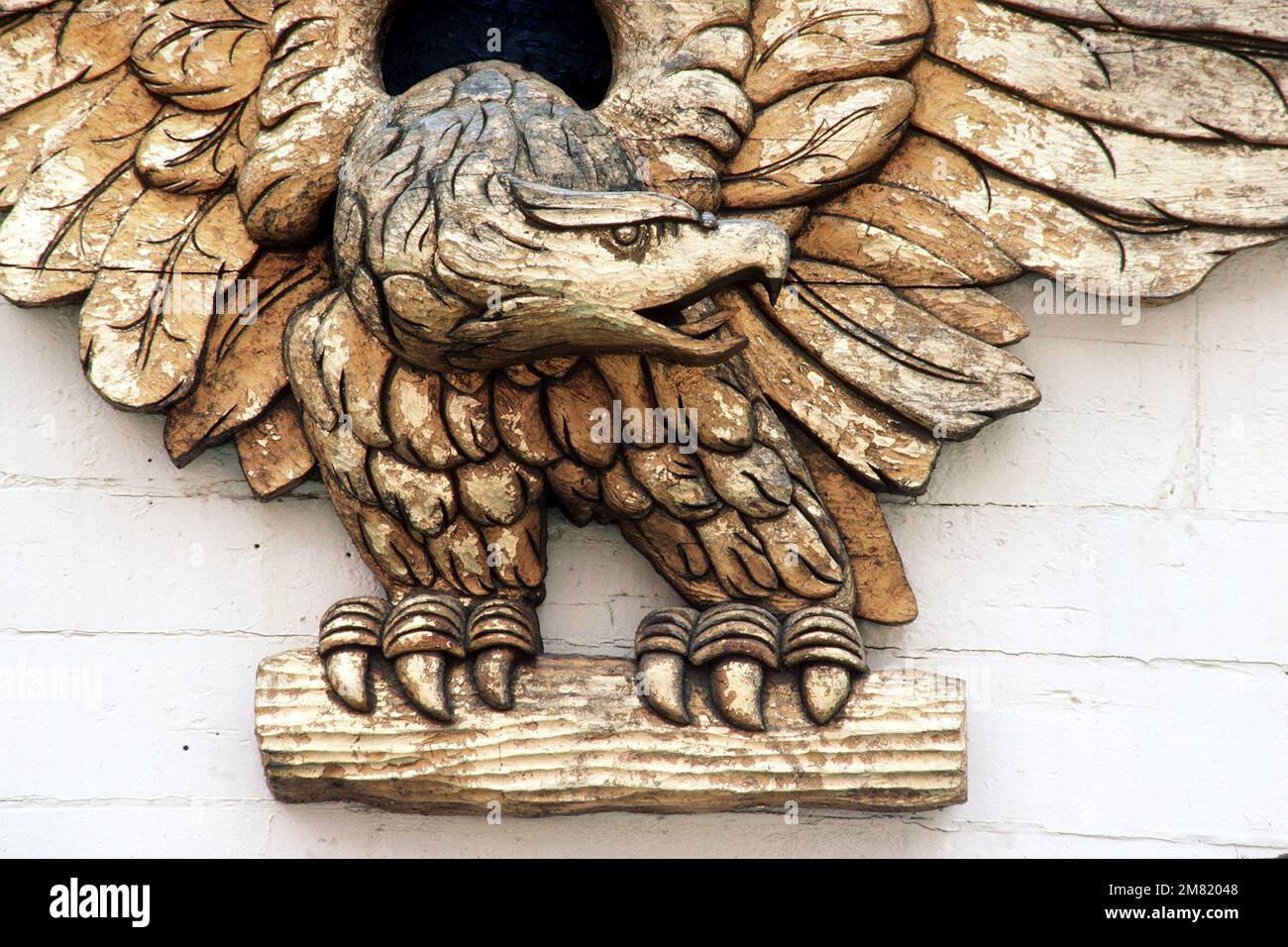 A close-up view of the eagle on the transom plate of the sailing ...