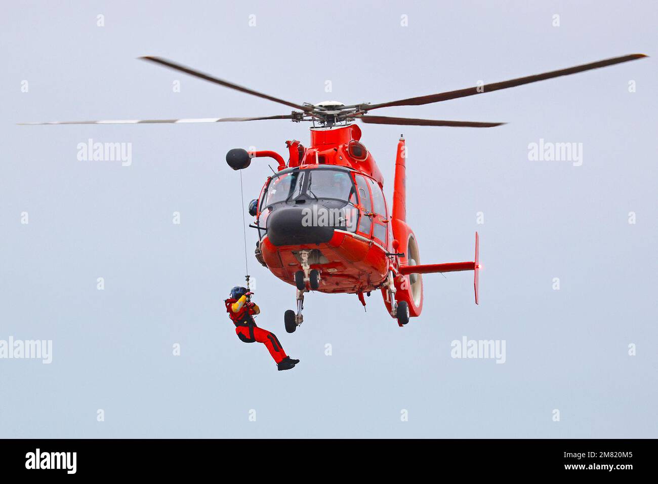 A U.S. Coast Guard Rescue Swimmer is received back onto a MH-65 Dolphin ...
