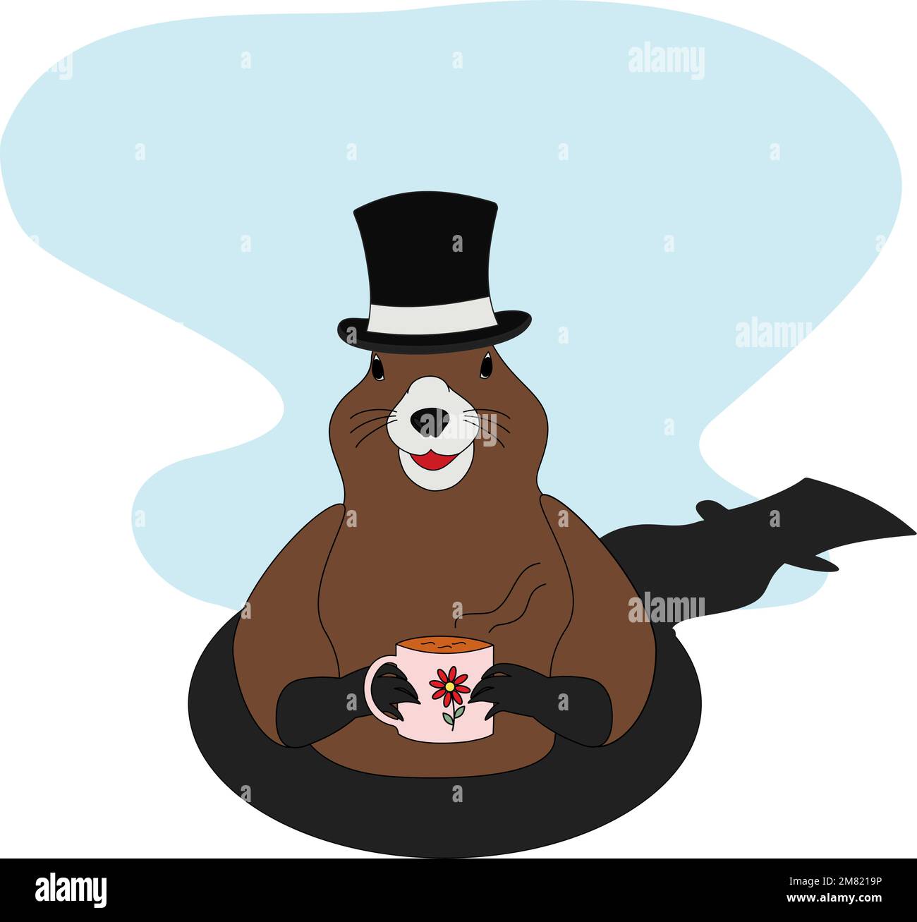 Smiling Groundhog in a hat with a steaming cup in his paws coming out ...