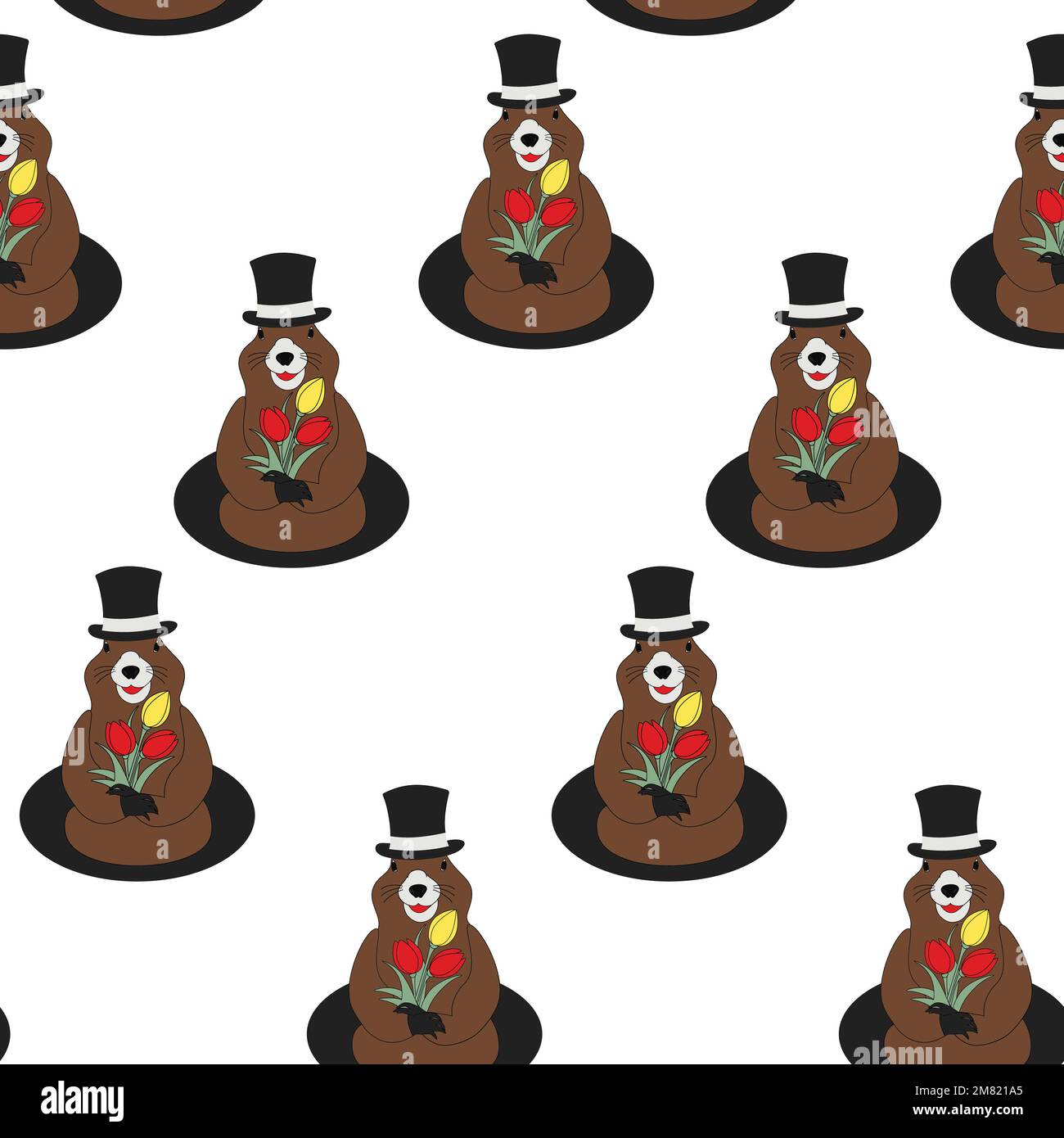 Seamless pattern of Groundhog in a hat with a a bouquet tulip flowers ...