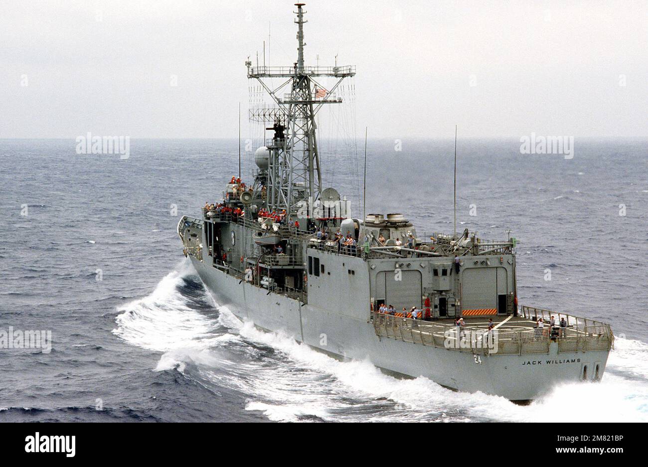 Aerial port quarter view of the Oliver Hazard Perry class guided ...