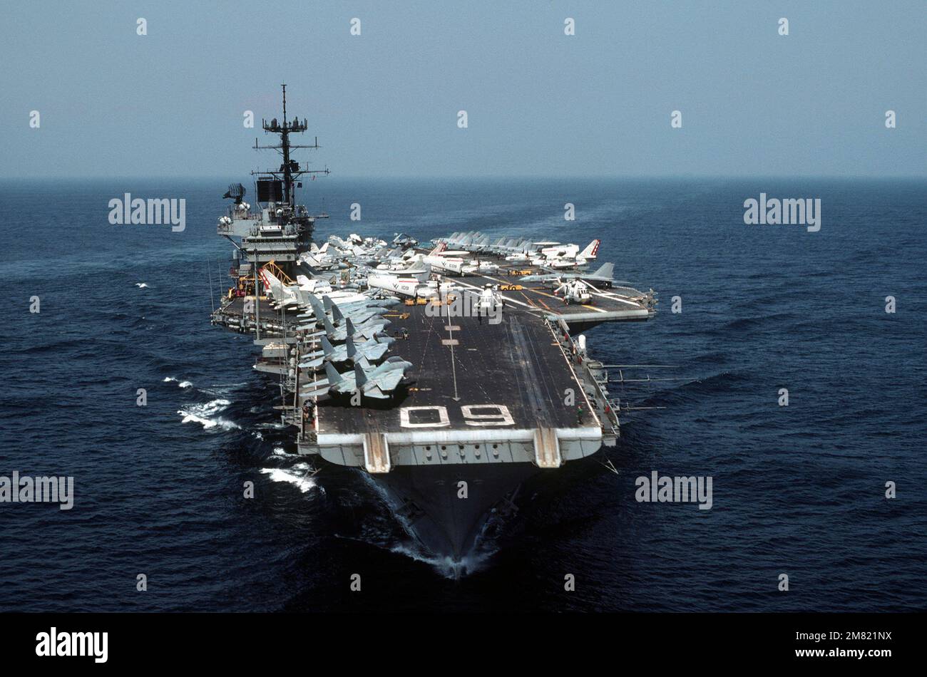 A bow view of the aircraft carrier USS SARATOGA (CV 60) underway during ...