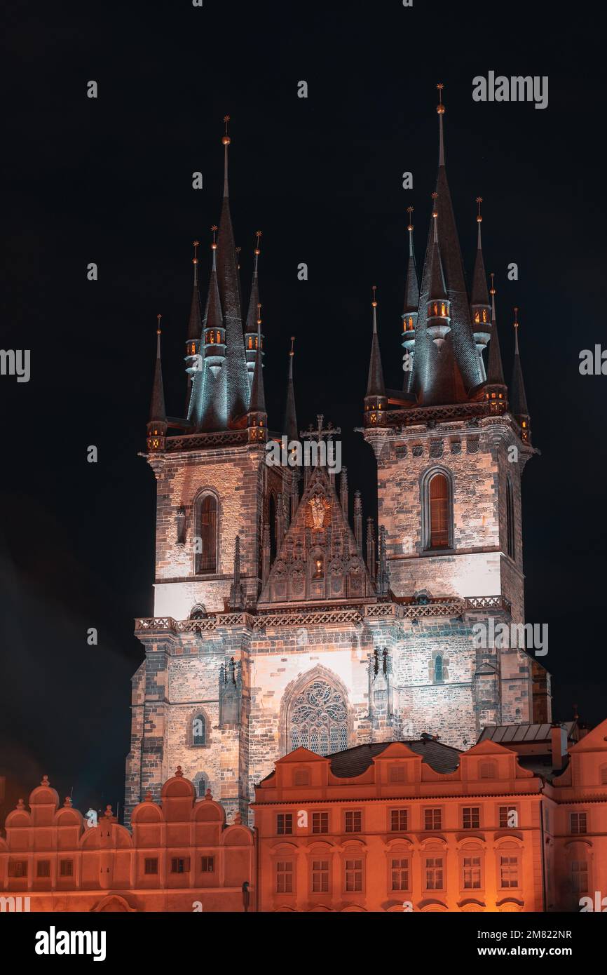 The Church of Our Lady before Tyn at night in Prague, Czechia Stock ...