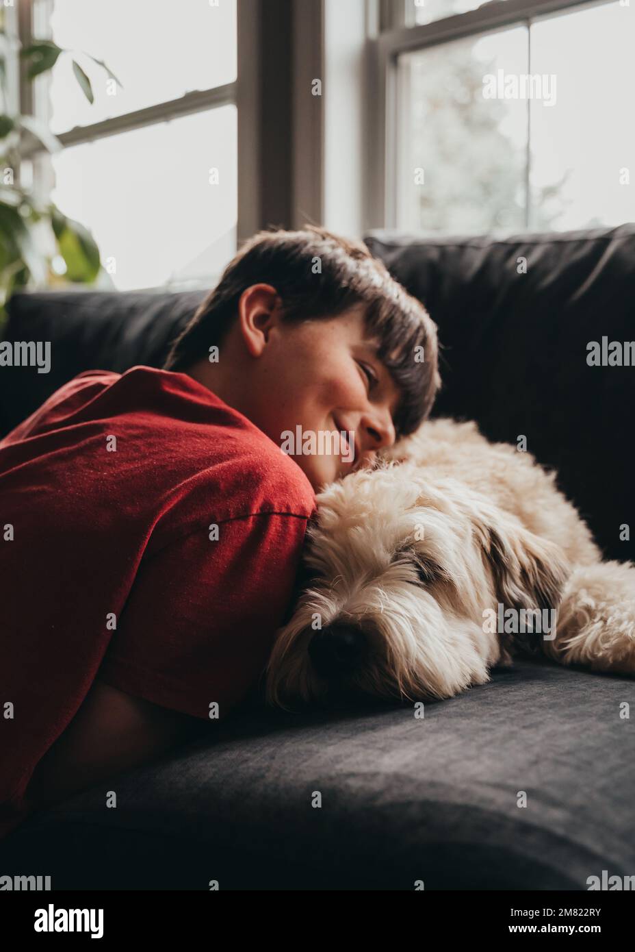 Happy smiling boy snuggling with fluffy dog on a sofa at home Stock ...