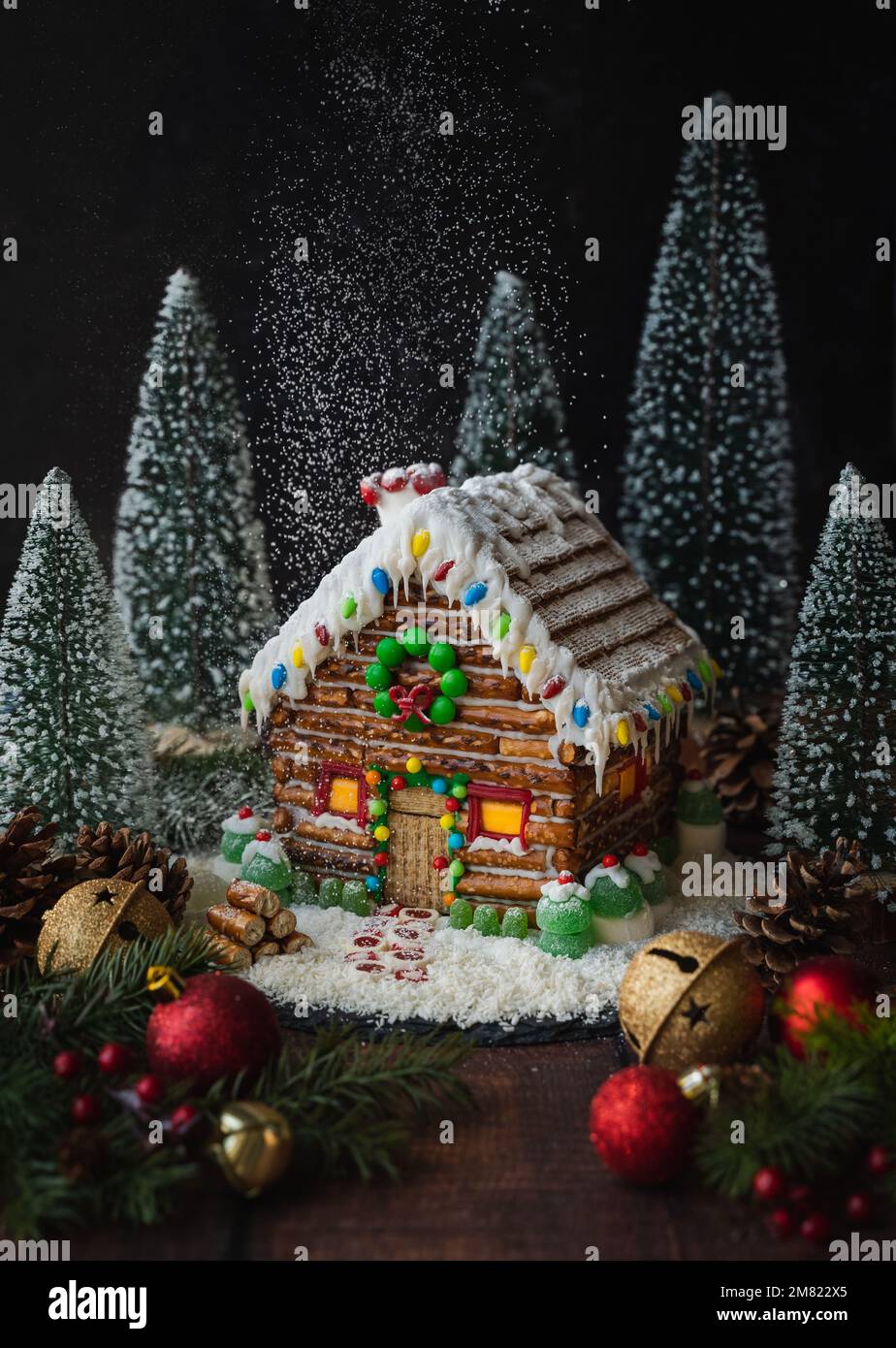 Log cabin gingerbread house decorated with candy for Christmas Stock ...