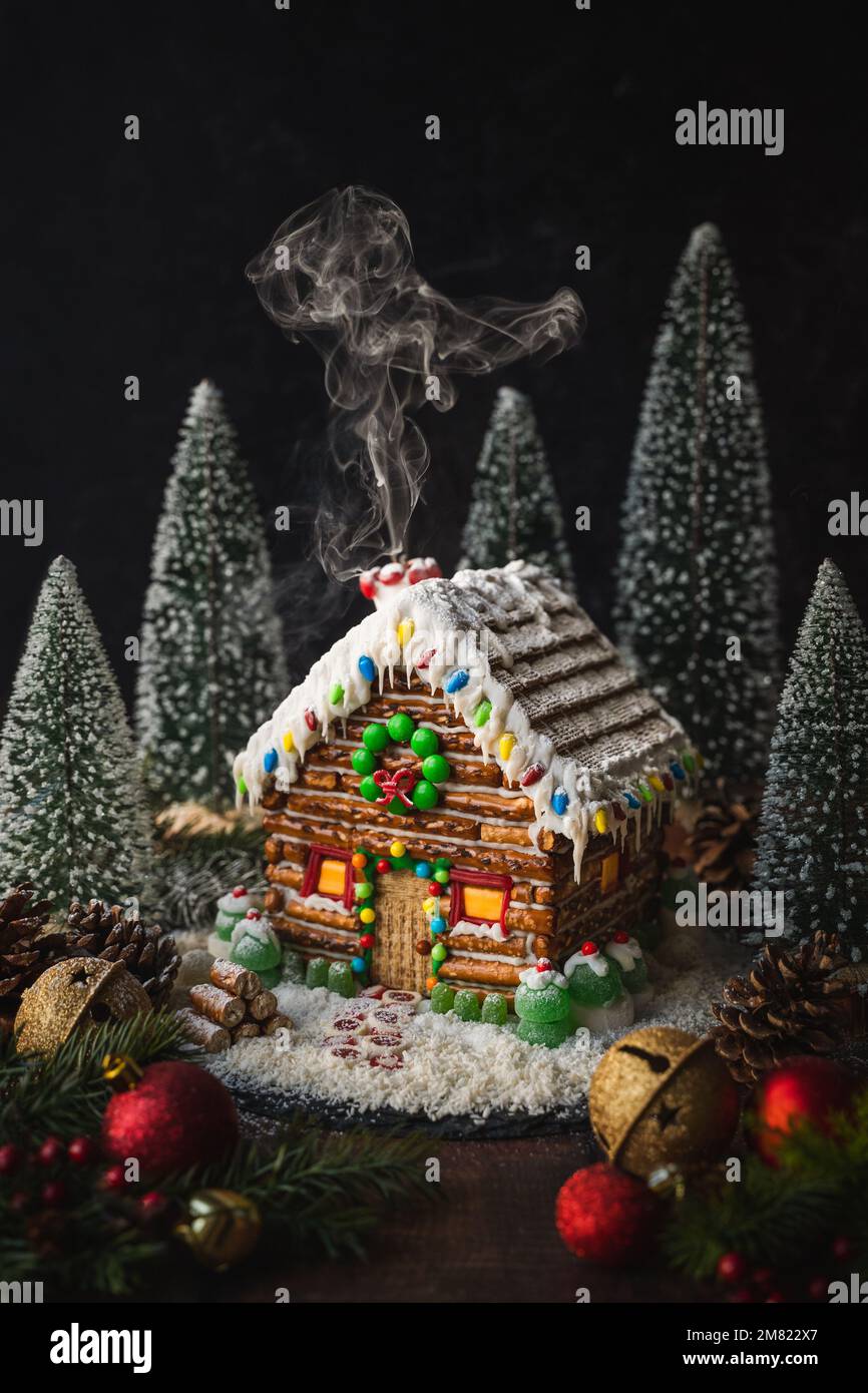 Log cabin gingerbread house decorated with candy for Christmas Stock ...