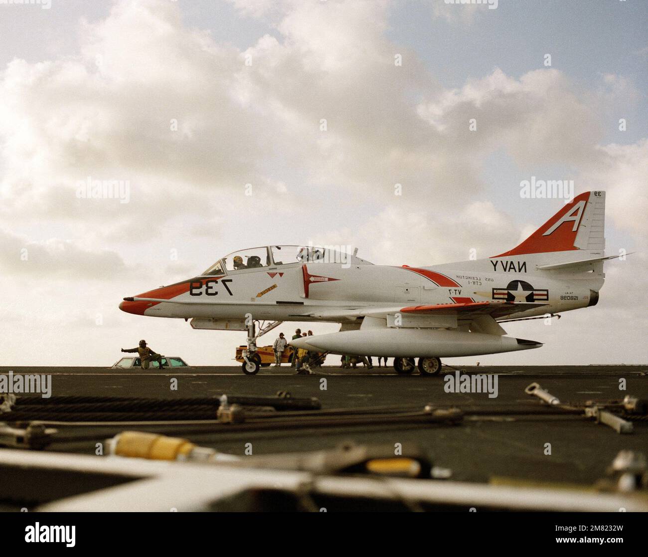 A TA-4J Skyhawk aircraft from Training Squadron 7 (VT-7) waits to be ...