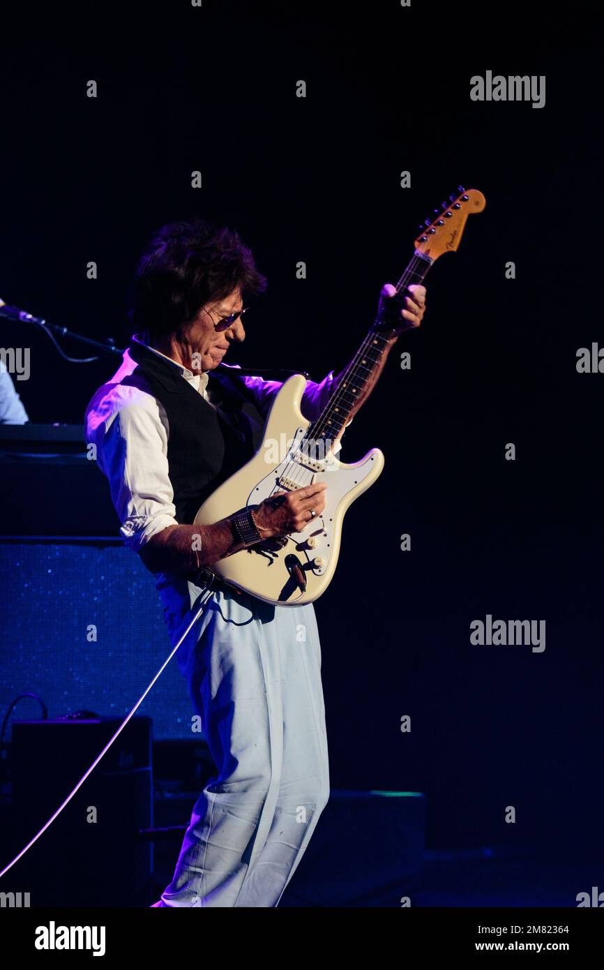 Guitar legend Jeff Beck performing on stage during his final tour at ...