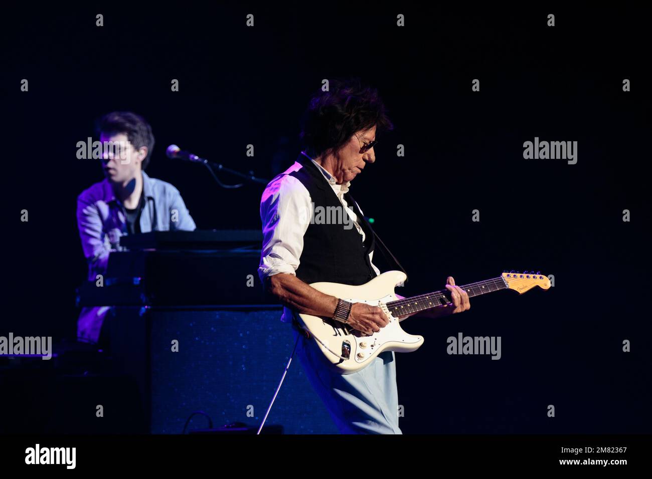 Guitar legend Jeff Beck performing on stage during his final tour at ...