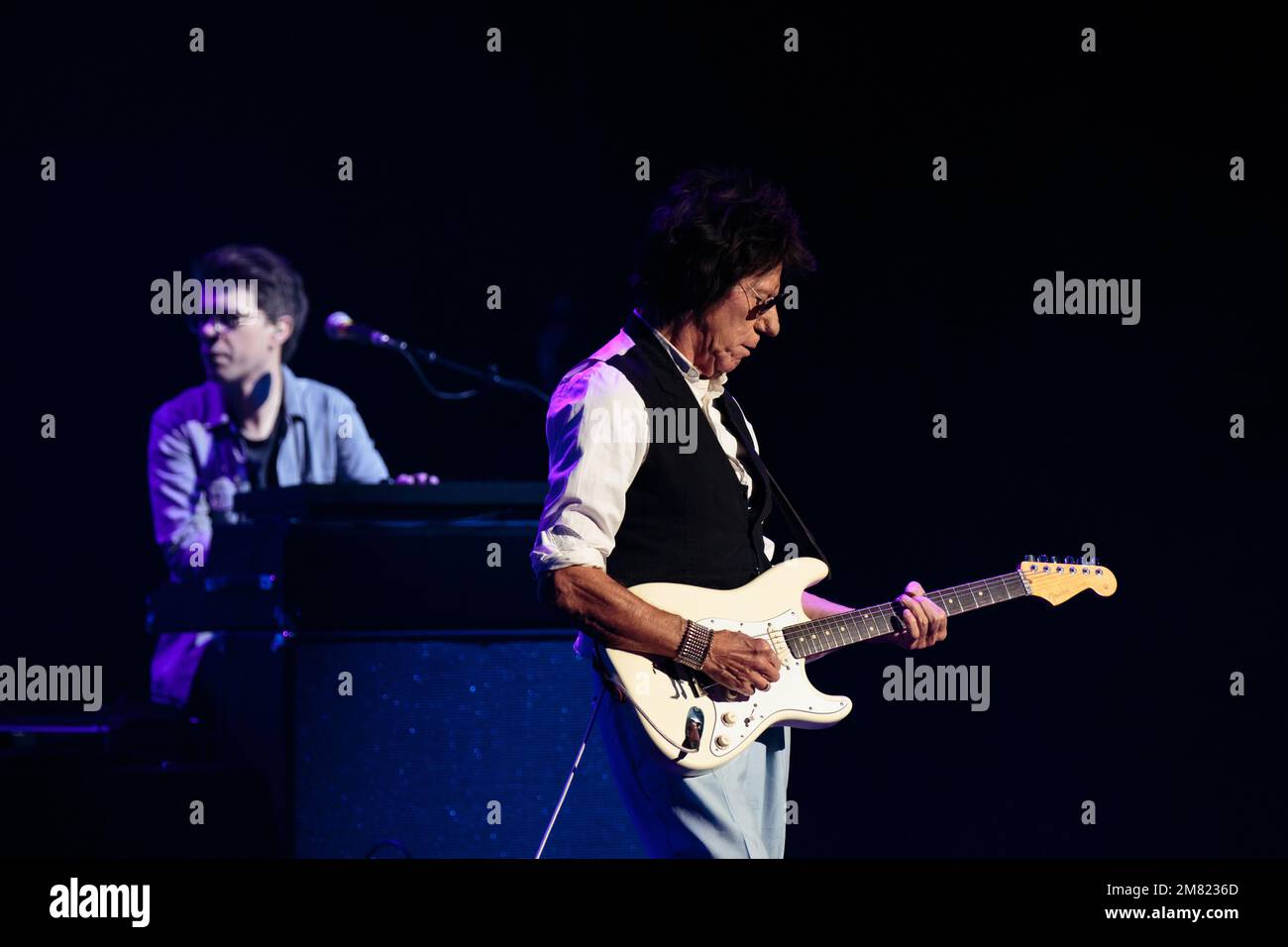 Guitar legend Jeff Beck performing on stage during his final tour at ...