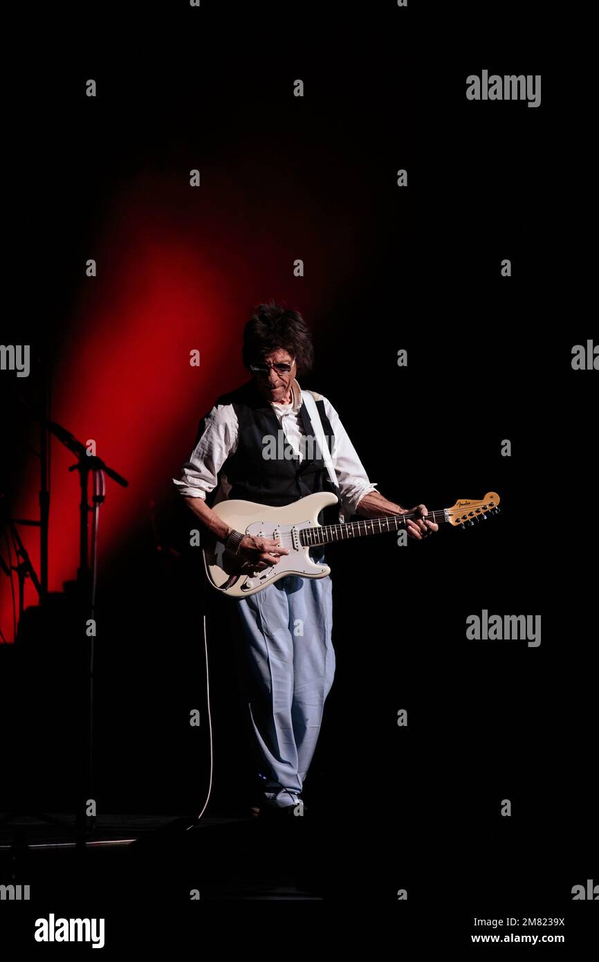 Guitar legend Jeff Beck performing on stage during his final tour at ...