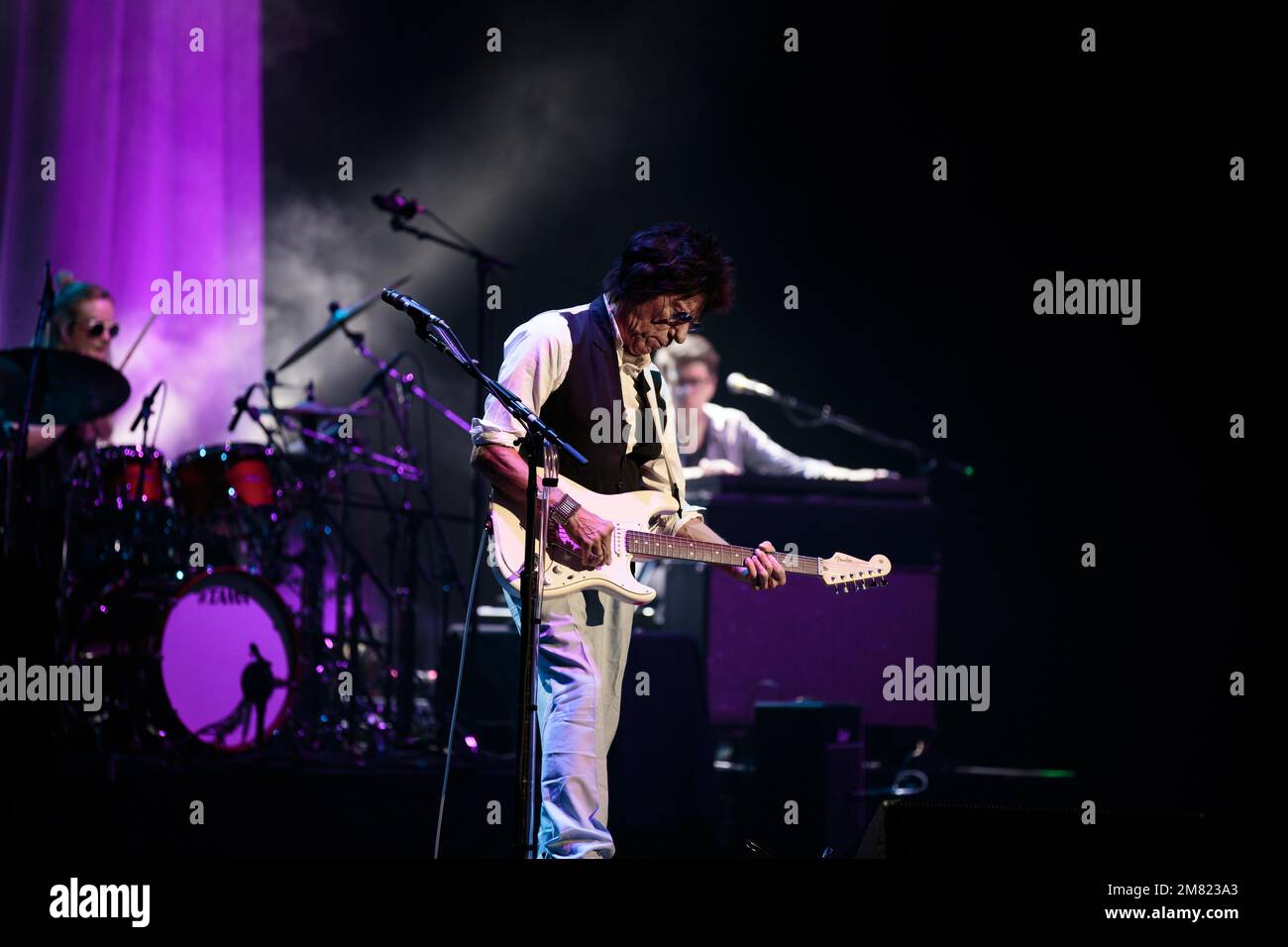 Guitar legend Jeff Beck performing on stage during his final tour at ...