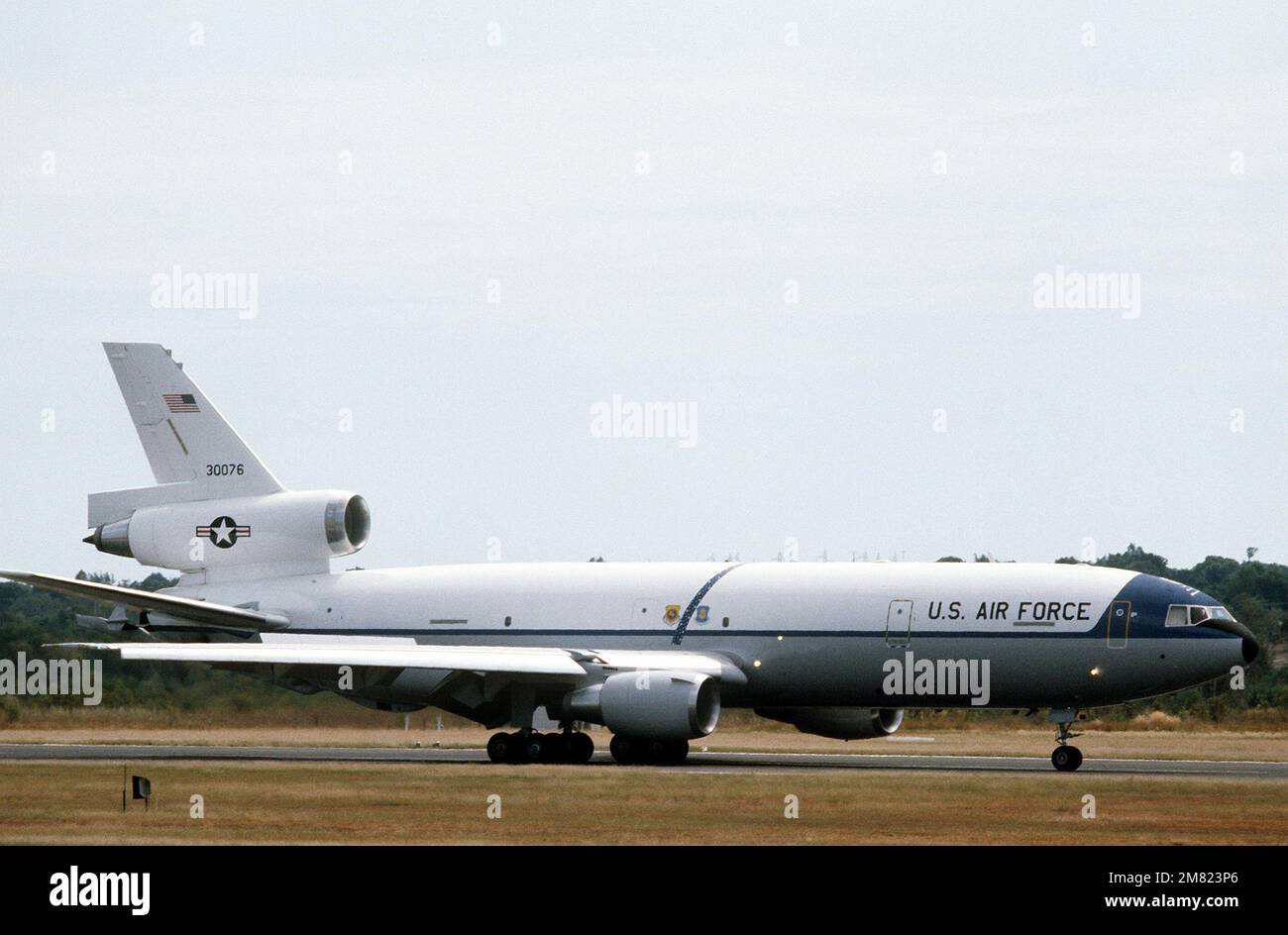 A right side view of a parked KC-10 Extender aircraft. The KC-10 is ...