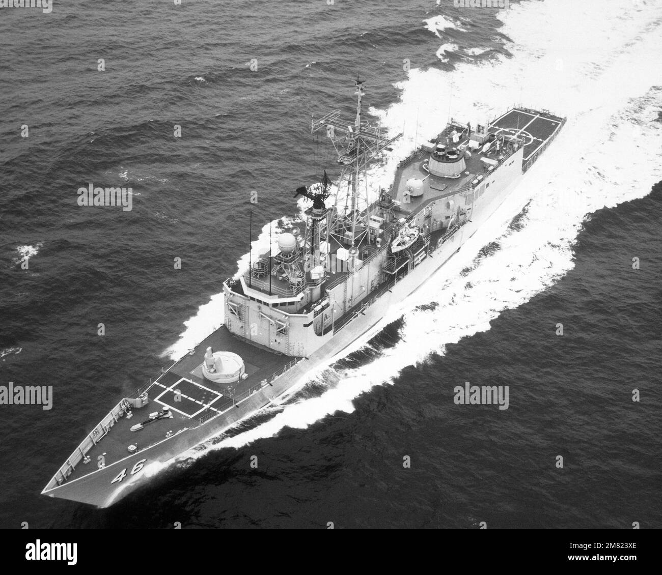 An elevated port bow view of the guided missile frigate USS RENTZ (FFG ...