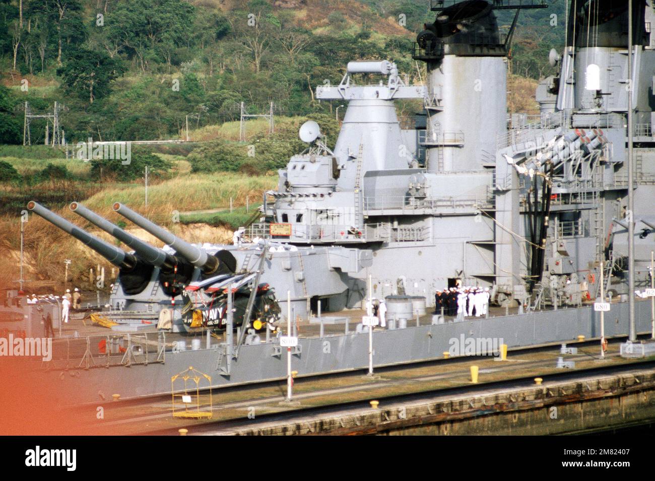 The starboard aft section of the battleship USS NEW JERSEY (BB 62 ...