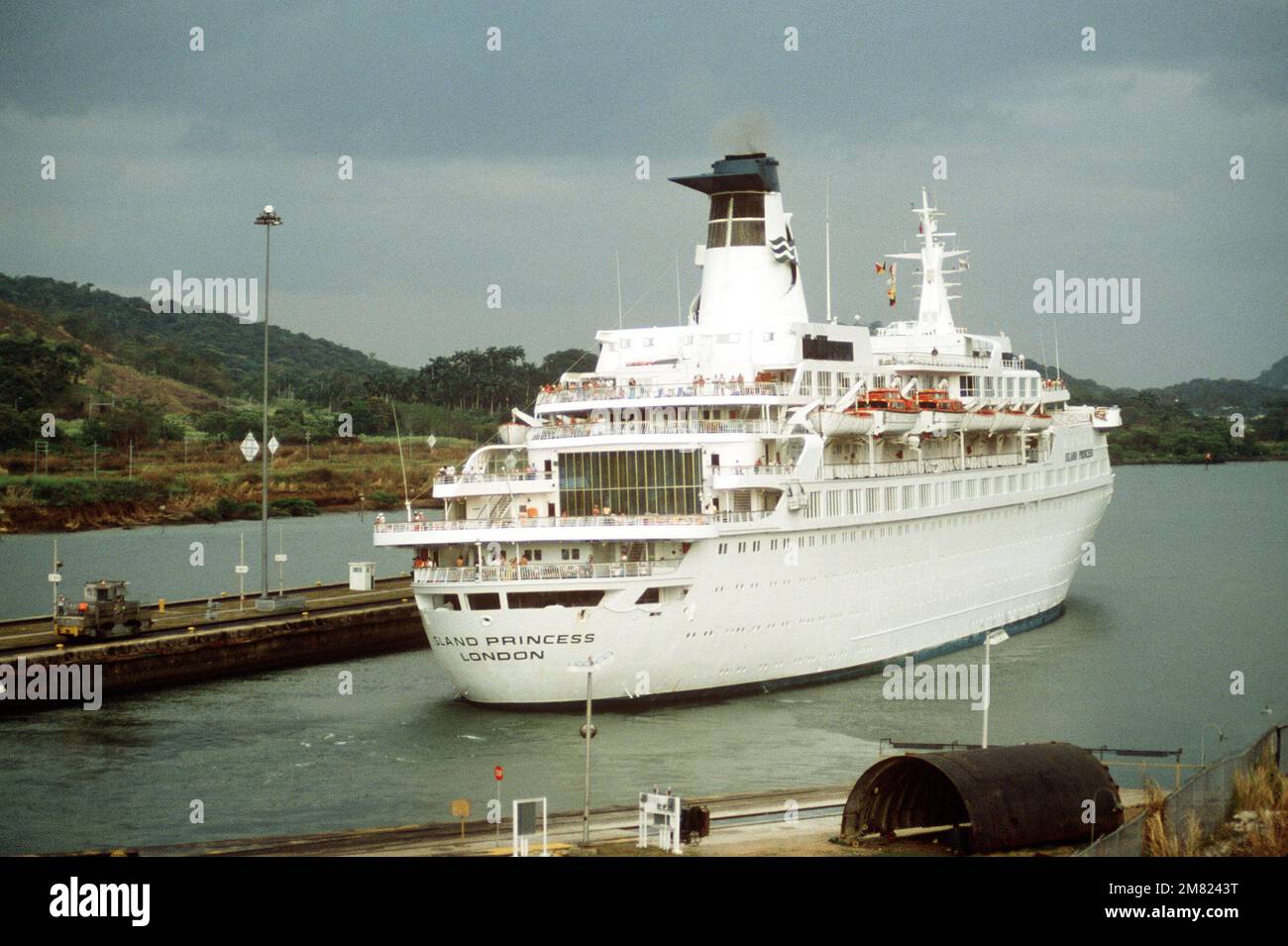 A starboard quarter view of the British cruise ship SS ISLAND PRINCESS ...