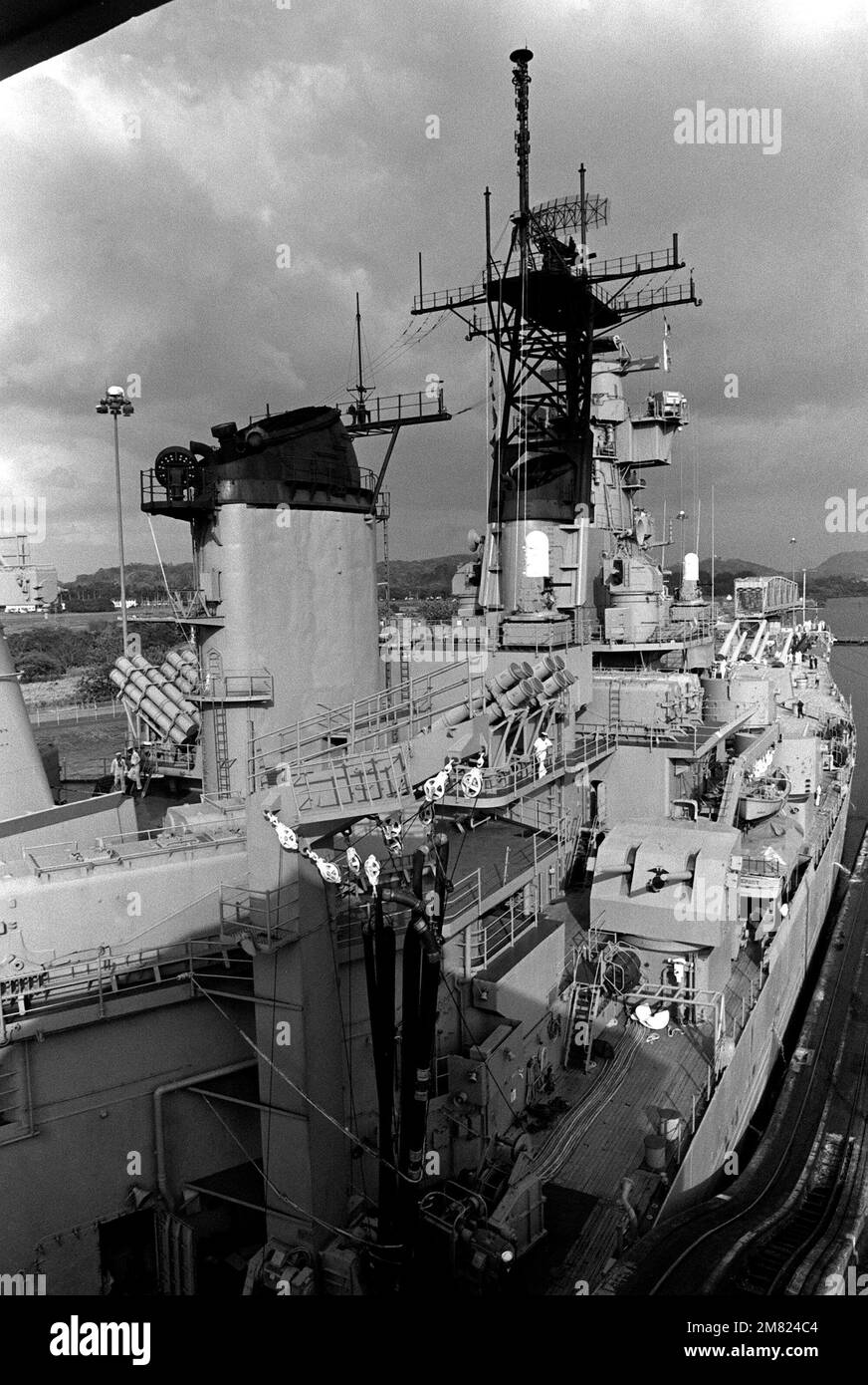 Elevated close-up view of the starboard side of the battleship USS NEW ...
