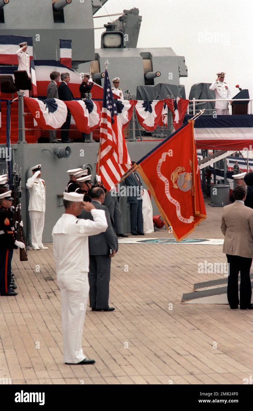 A Marine color guard renders honors aboard the battleship USS IOWA (BB ...