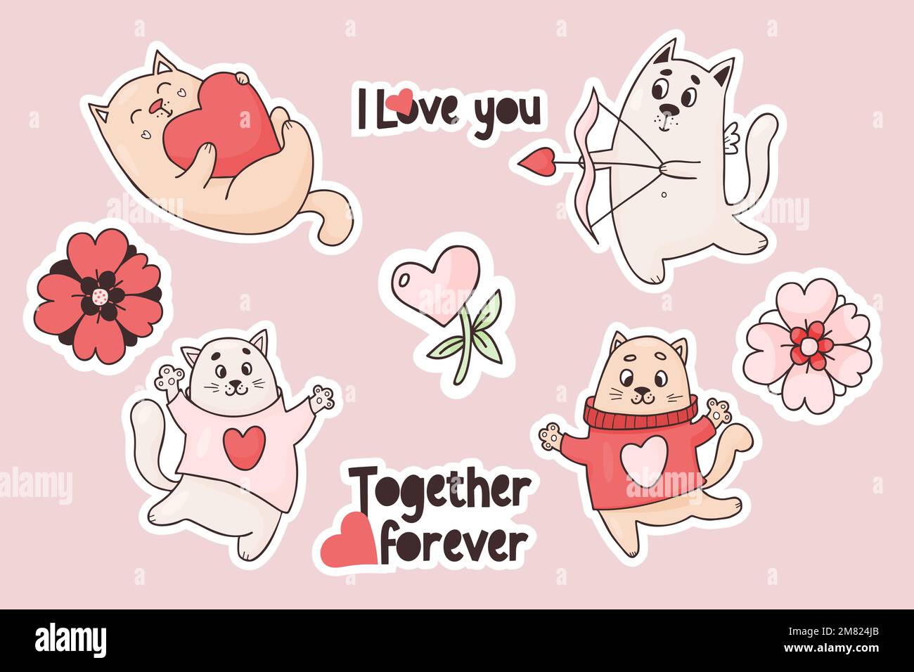 Collection stickers cats in love. Cute cupid kitten and happy pets with ...