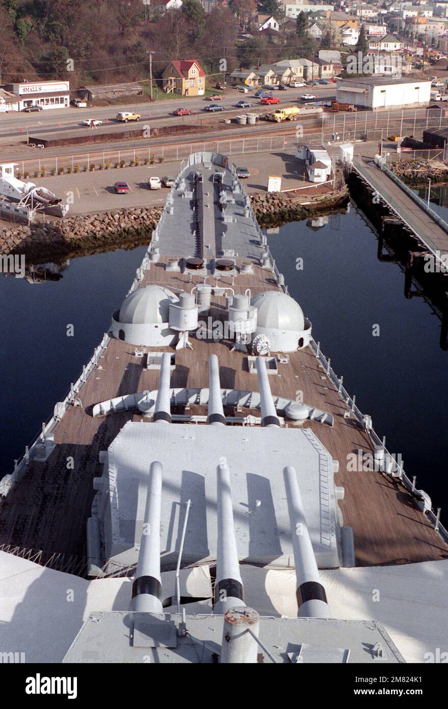 A view from the superstructure looking forward on the battleship ...