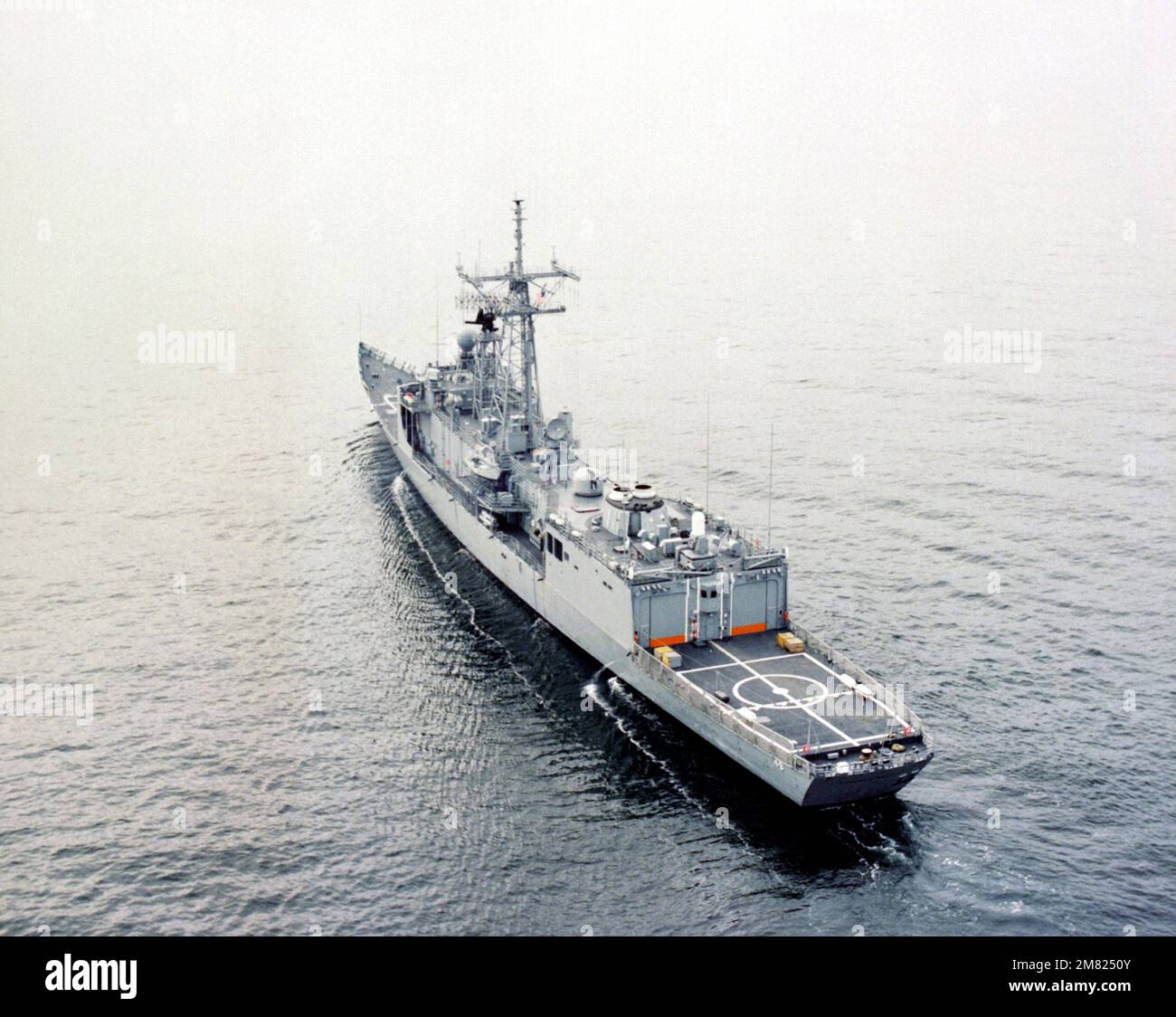 An elevated port quarter view of the guided missile frigate ROBERT G ...