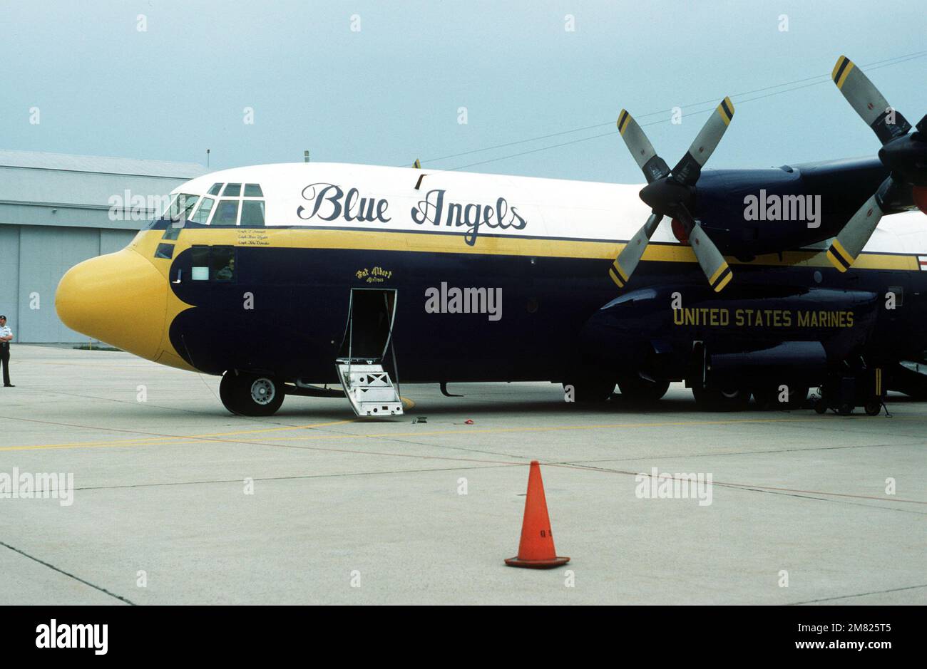 A left front view of a Marine Corps C-130 Hercules aircraft used in ...