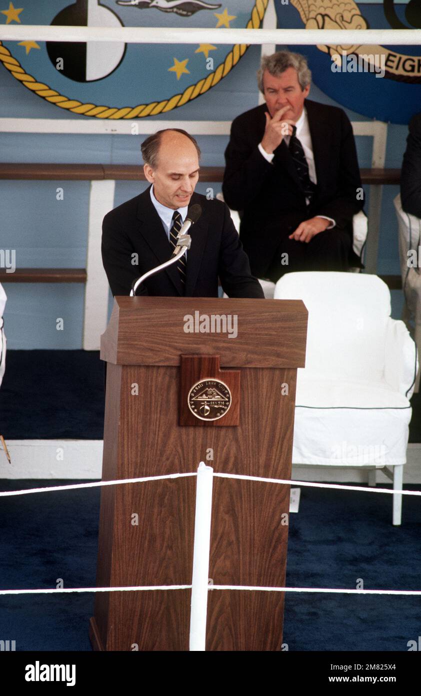 Senator Jake Garn, R-Utah, addresses guests attending the commissioning ...