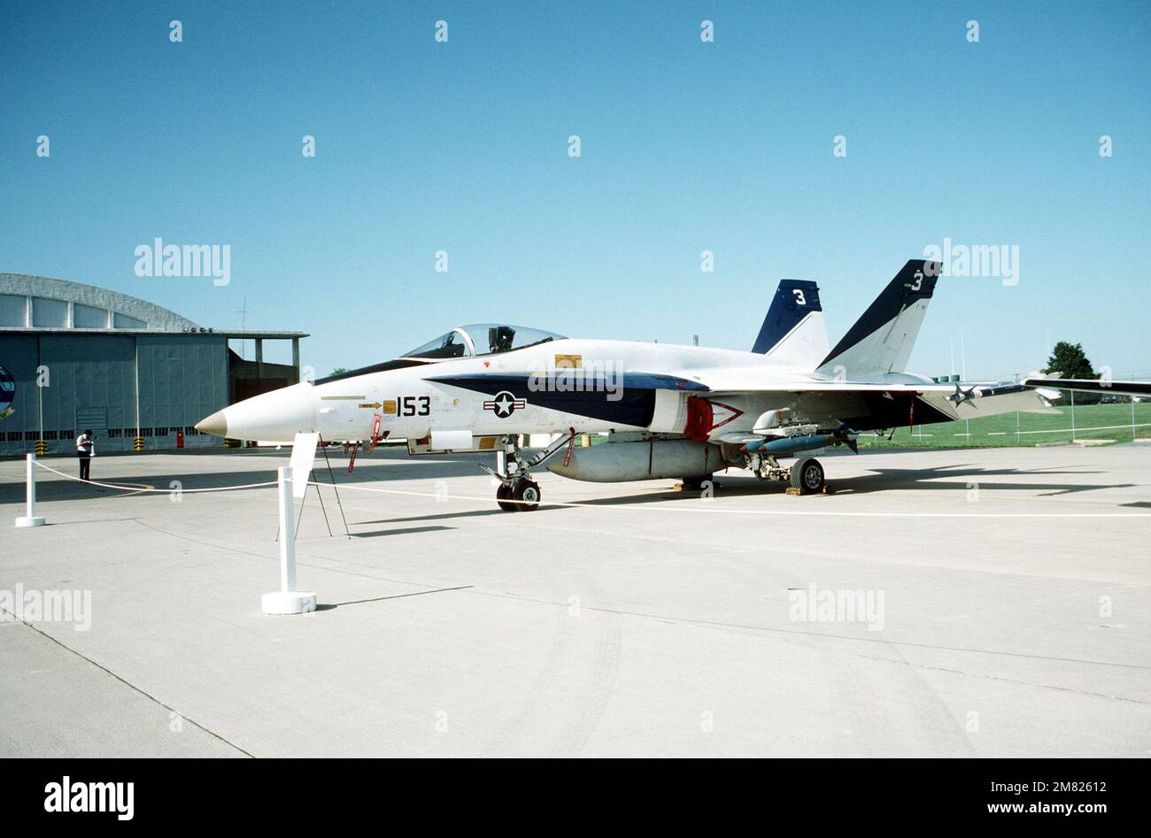 A left front view of an F/A-18 Hornet aircraft on display at the open ...