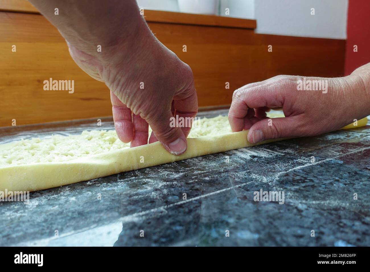 Swabian cuisine, preparation of Krautkrapfen, flour sacks, spreading ...