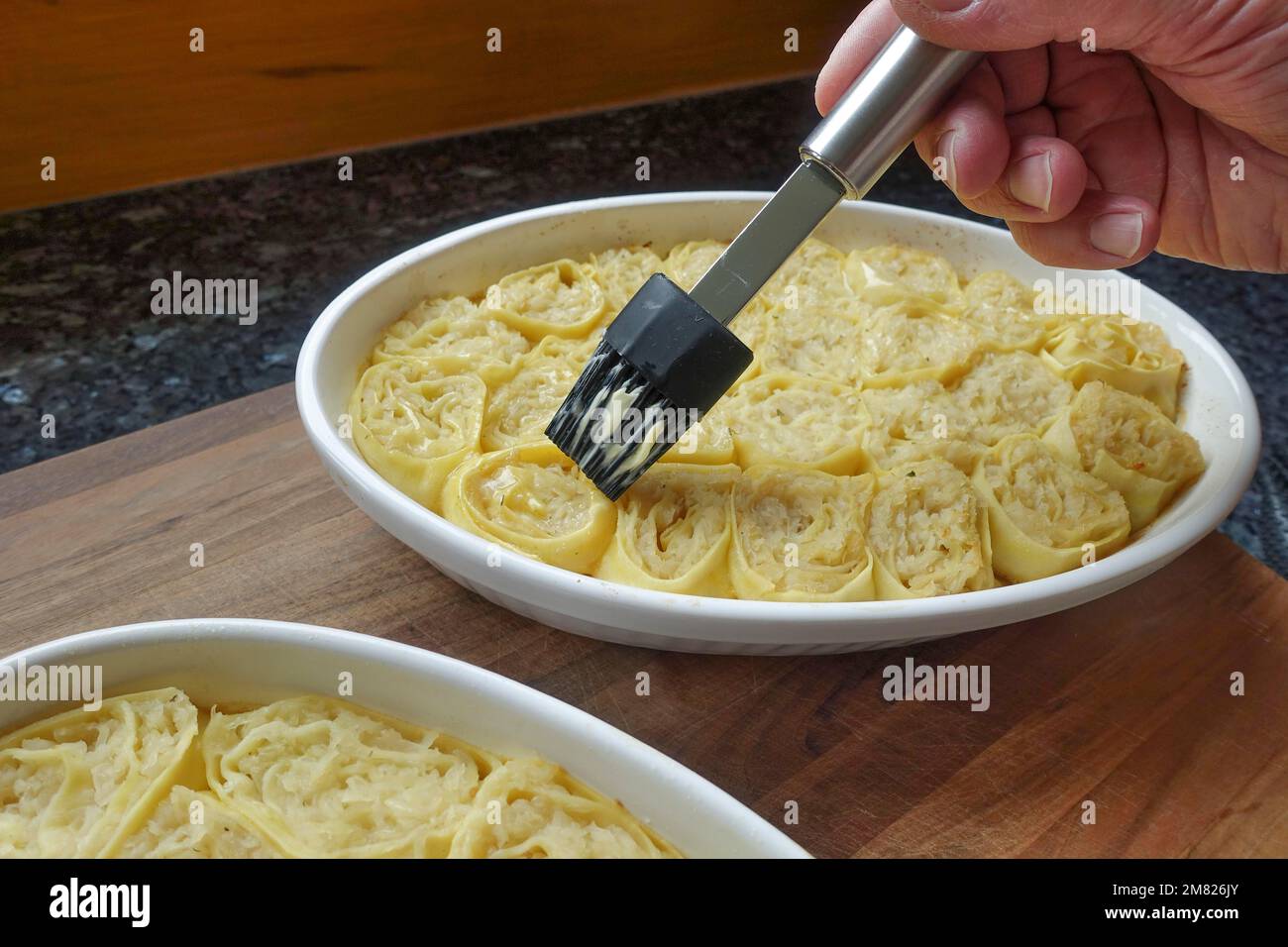 Swabian cuisine, preparation of Krautkrapfen, flour sacks, sauerkraut ...