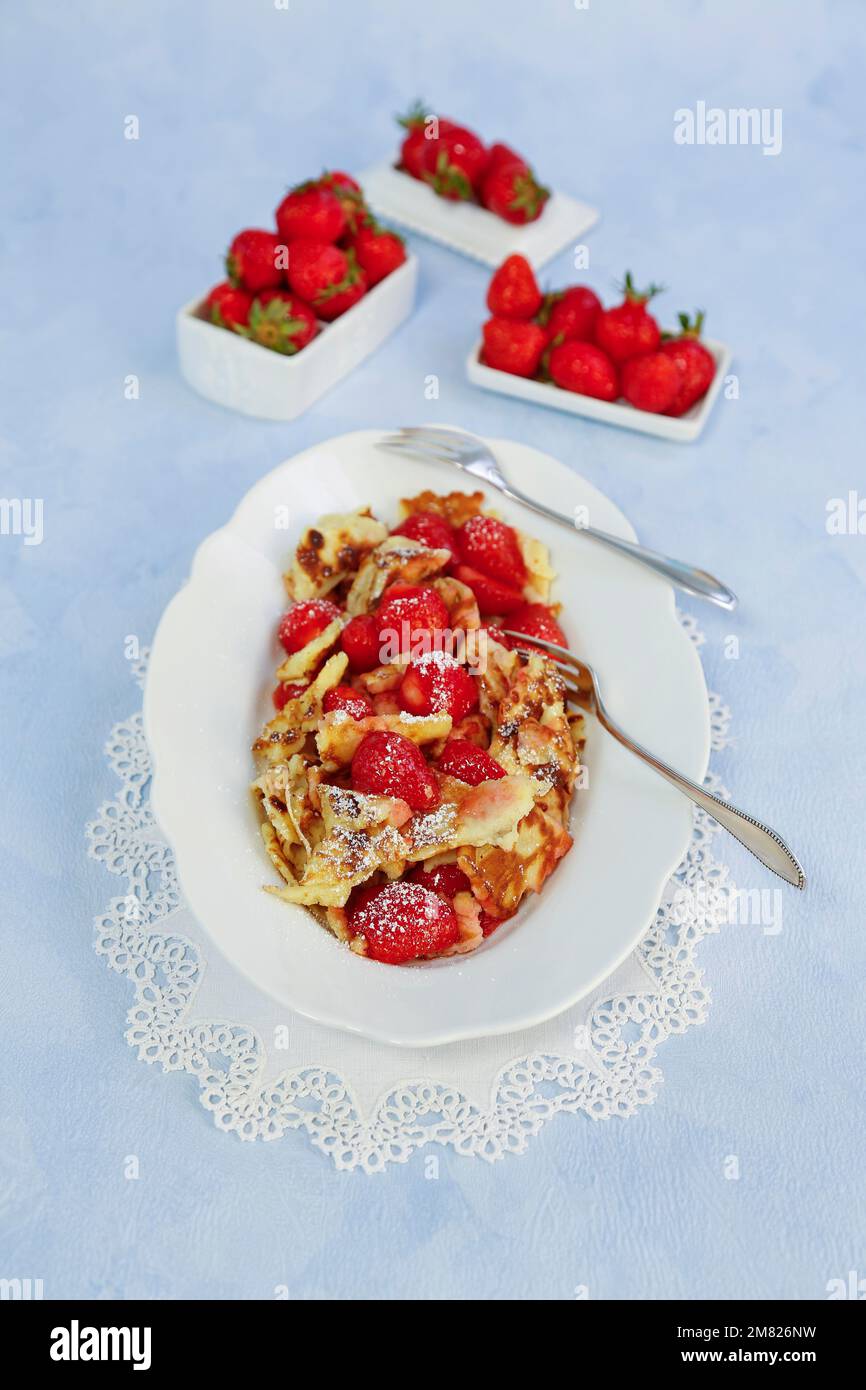 Swabian cuisine, Kratzete with flambeed strawberries, dessert, pancake ...