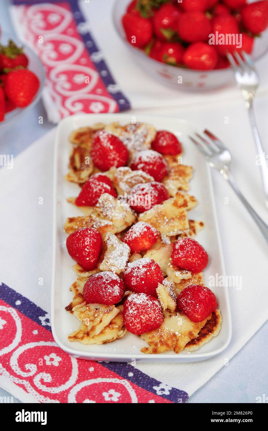 Swabian cuisine, Kratzete with flambeed strawberries, dessert, pancake ...