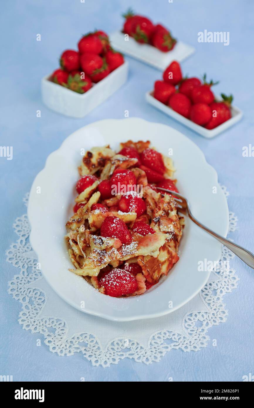 Swabian cuisine, Kratzete with flambeed strawberries, dessert, pancake ...