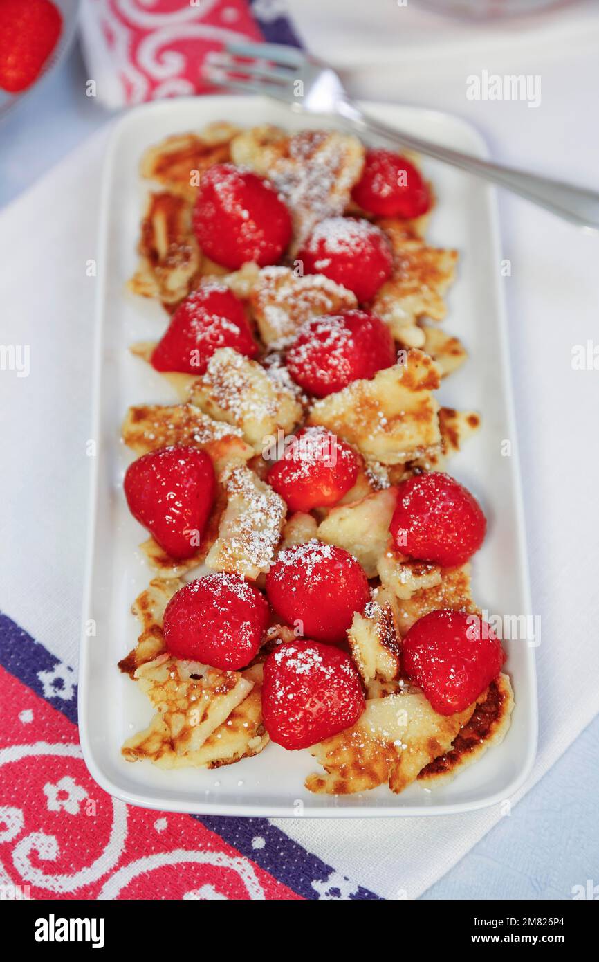 Swabian cuisine, Kratzete with flambeed strawberries, dessert, pancake ...