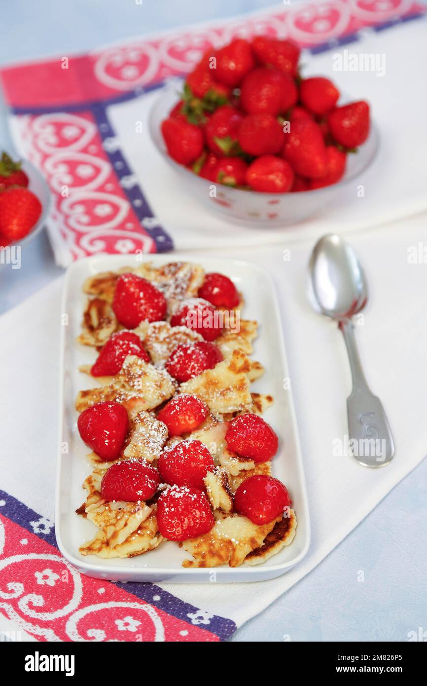 Swabian cuisine, Kratzete with flambeed strawberries, dessert, pancake ...