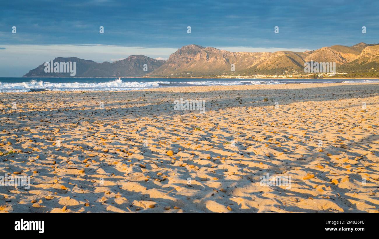 Sandy beach beach Playa Sa Canova in Son Serra de Marina, behind Serres ...