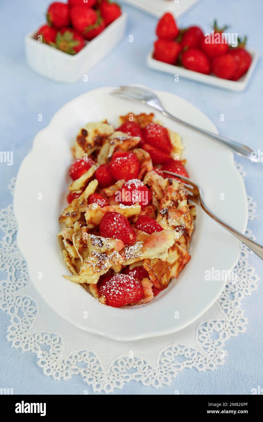 Swabian cuisine, Kratzete with flambeed strawberries, dessert, pancake ...