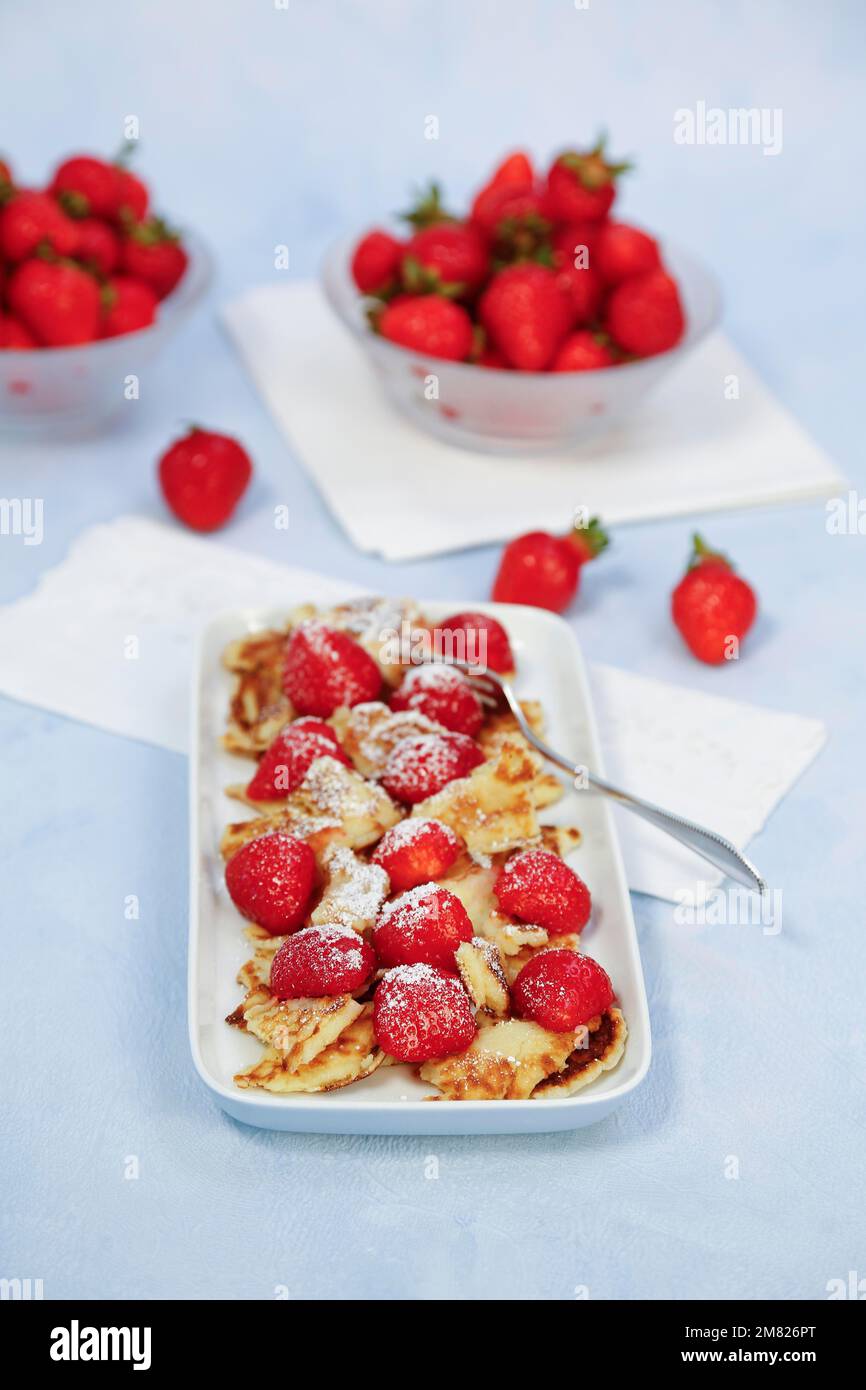 Swabian cuisine, Kratzete with flambeed strawberries, dessert, pancake ...