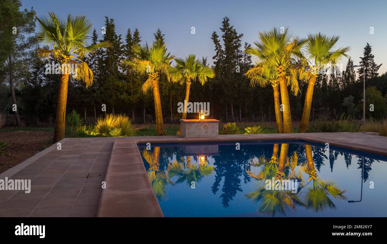 Evening atmosphere by the pool with illuminated palm trees, near Llubi ...