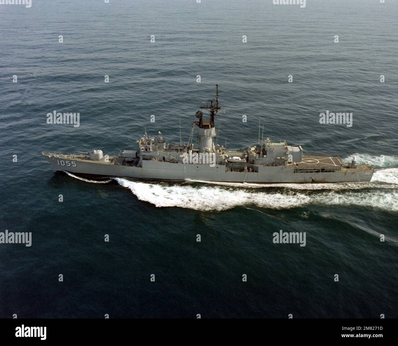 An aerial port beam view of the frigate USS HEPBURN (FF-1055) underway ...