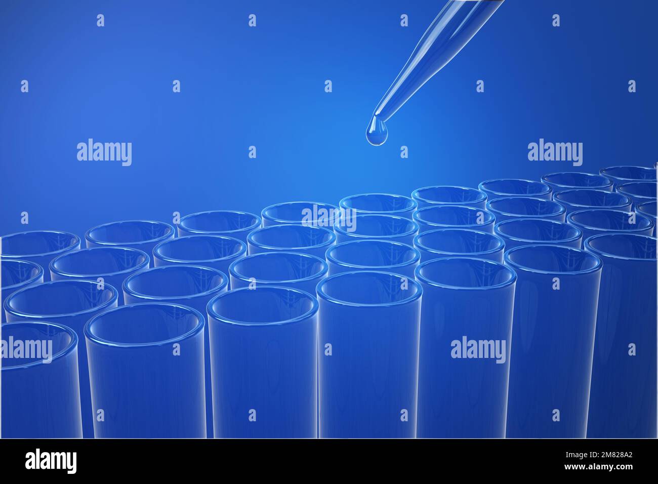 Droplet of chemical being squeezed into an array of glass test tubes ...