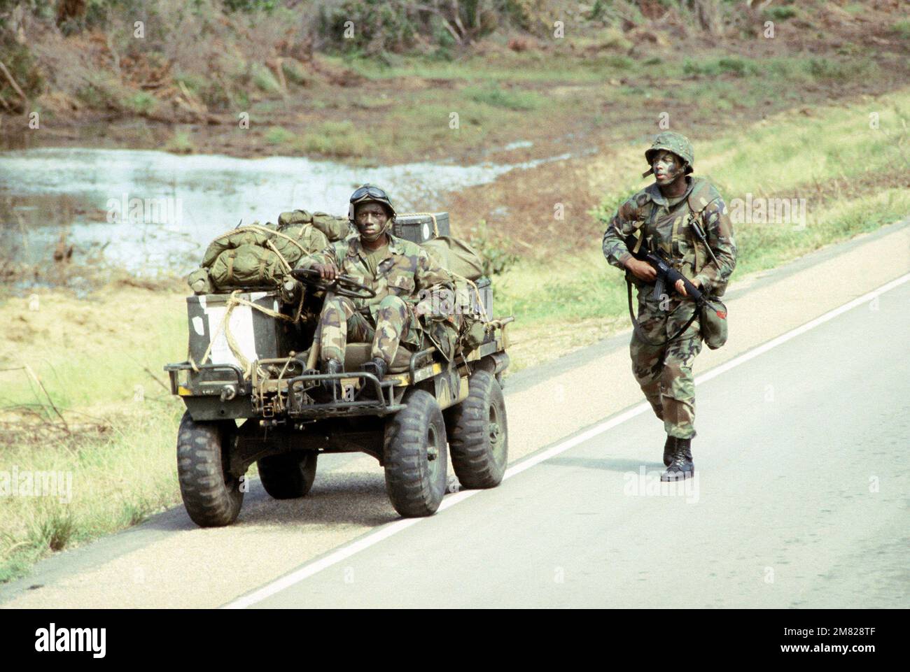 A soldier drives an M274 "mechanical mule" down a road while another ...