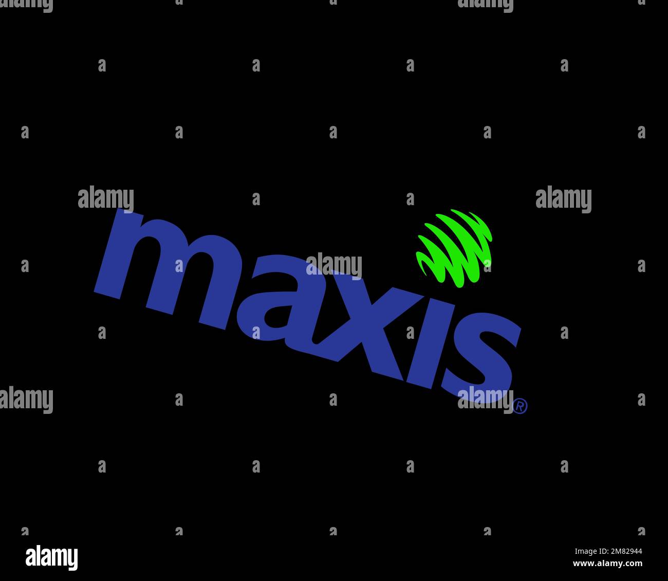Maxis Communications, rotated logo, black background B Stock Photo - Alamy