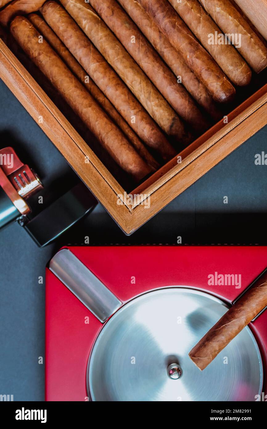 View of cigars in humidor and ashtray. Flat lay Stock Photo - Alamy